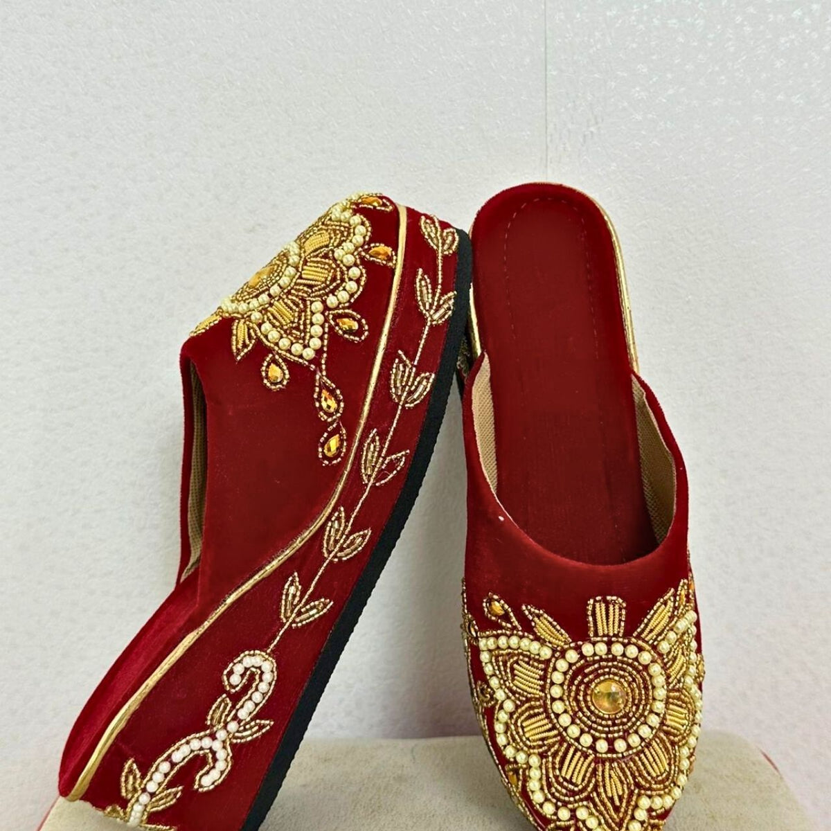 Red Velvet Platform Mules with Gold Kundan-Style Hand Embroidery ...
