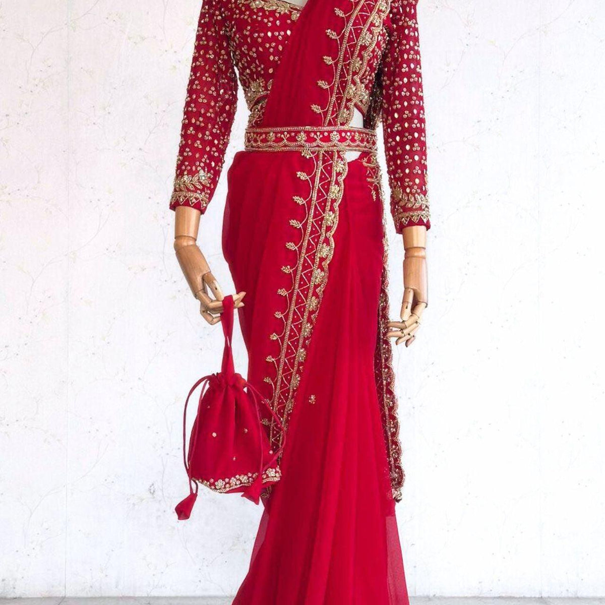 Red Bridal Georgette Saree With Heavy Zari handwork – Boutique Nepal