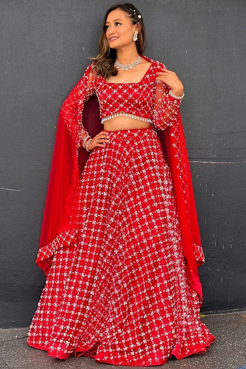 Red Handwork Lehenga Set With White Pearl – Boutique Nepal