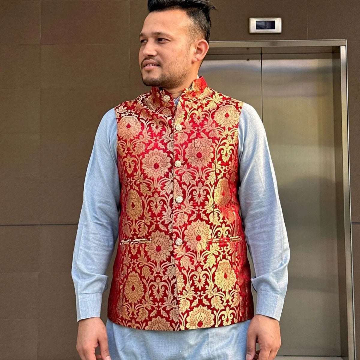 Dark Red Nehru Jacket Waistcoat – Boutique Nepal