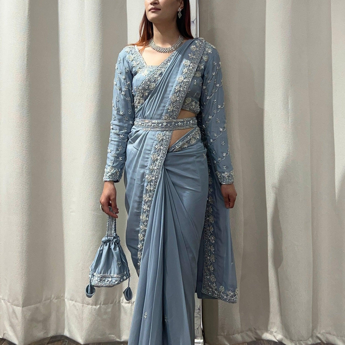 Hand Embroidered Saree Set In Silver Grey – Boutique Nepal