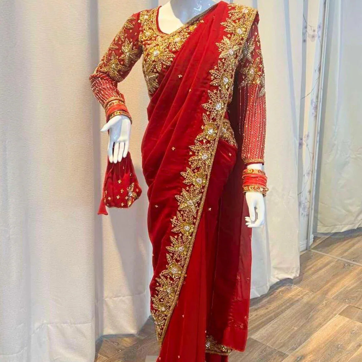 Heavy Red Bridal Hand Embroidered Saree Set – Boutique Nepal